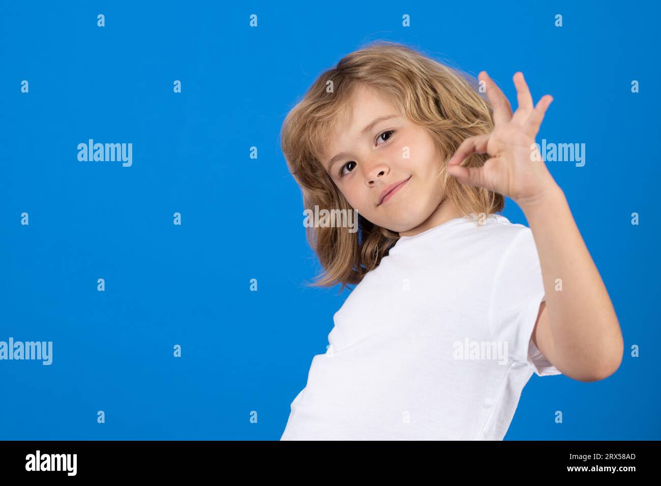 Portrait of cute smiling child with okay gesture, isolated studio ...