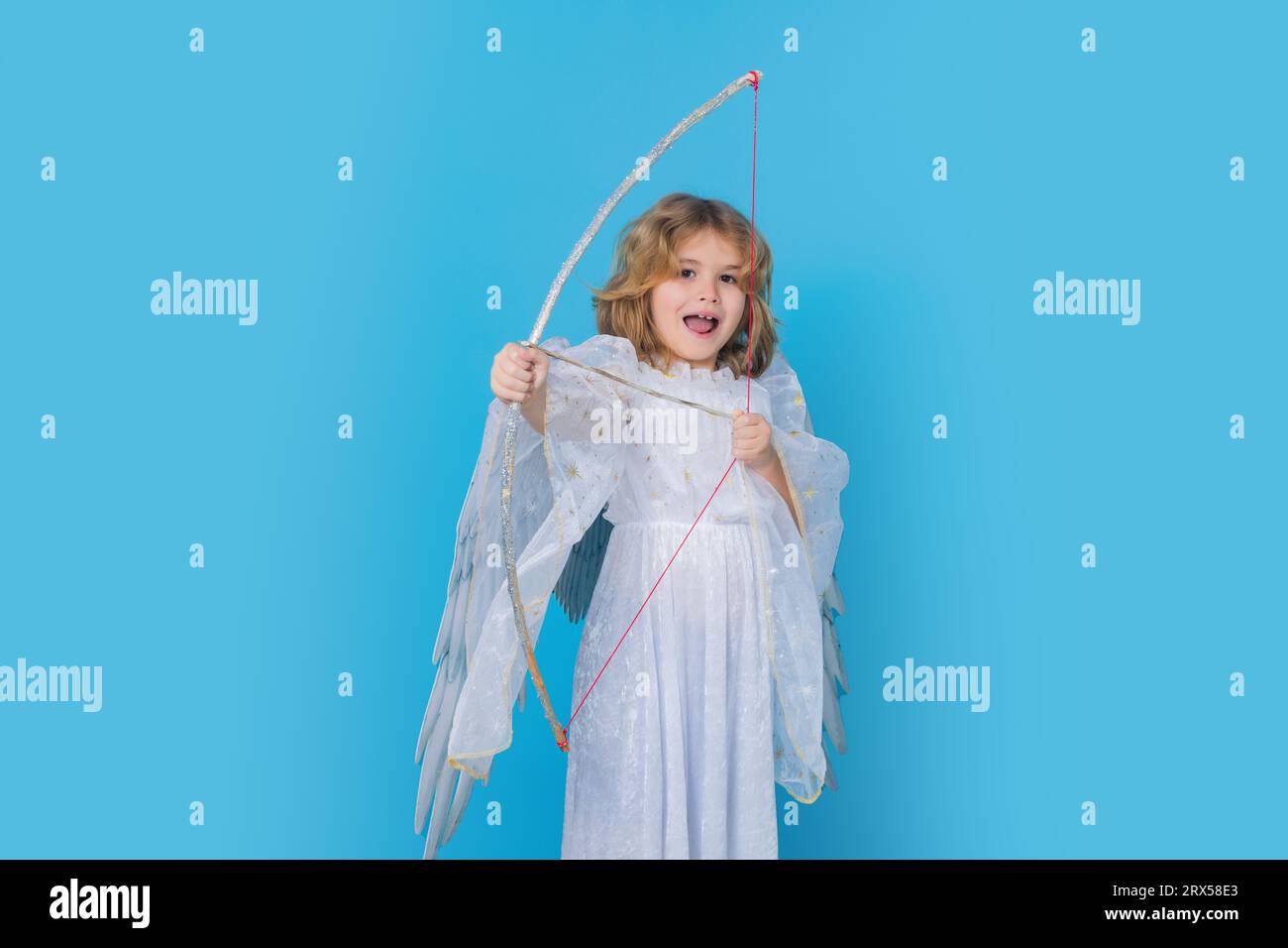 Cupids arrow hit right in heart, arrow of love. Angel with bow and ...