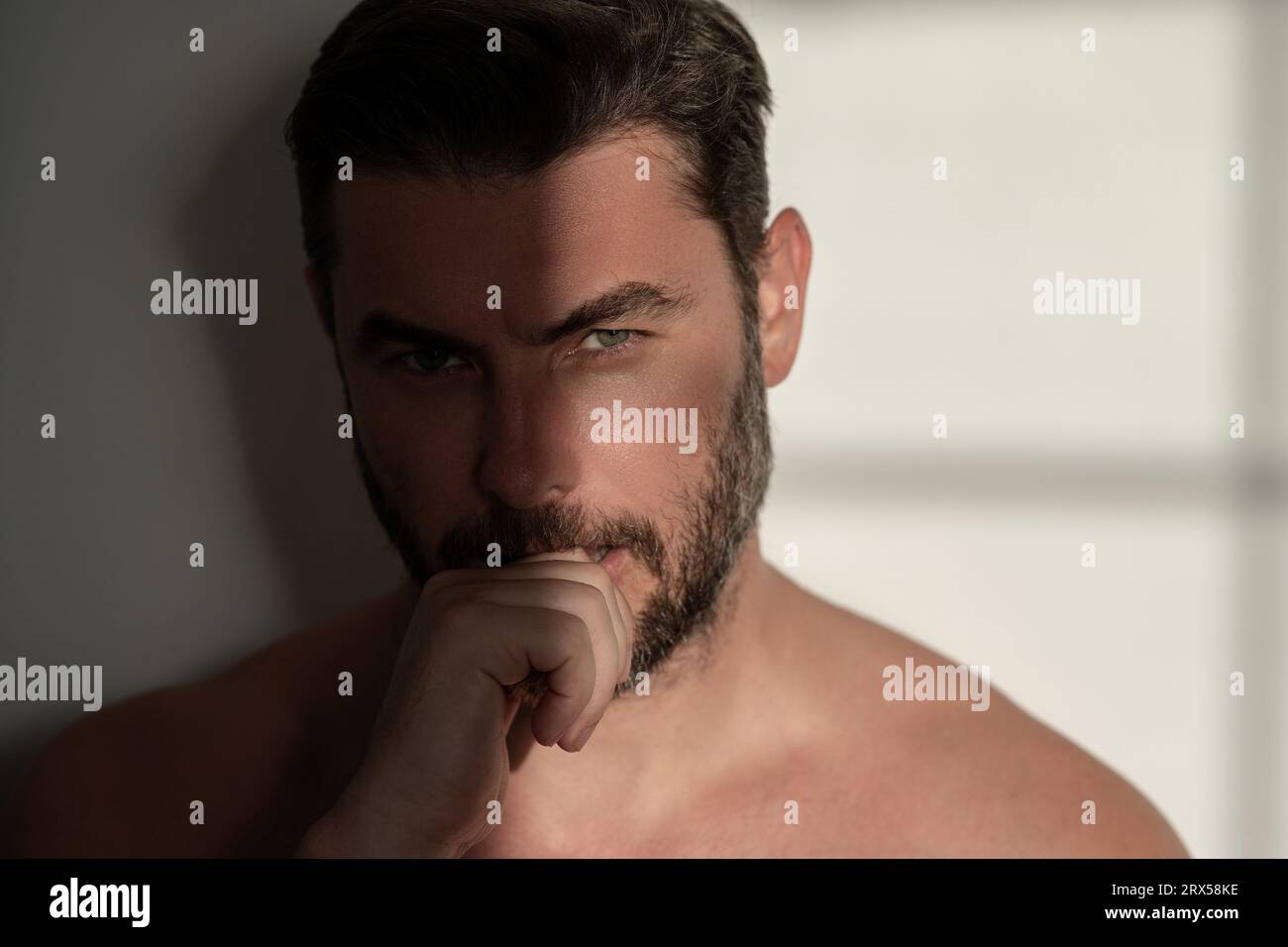 Man cosmetic, skin treatment on studio background. Hygiene and face. Matural mens cosmetics and ...