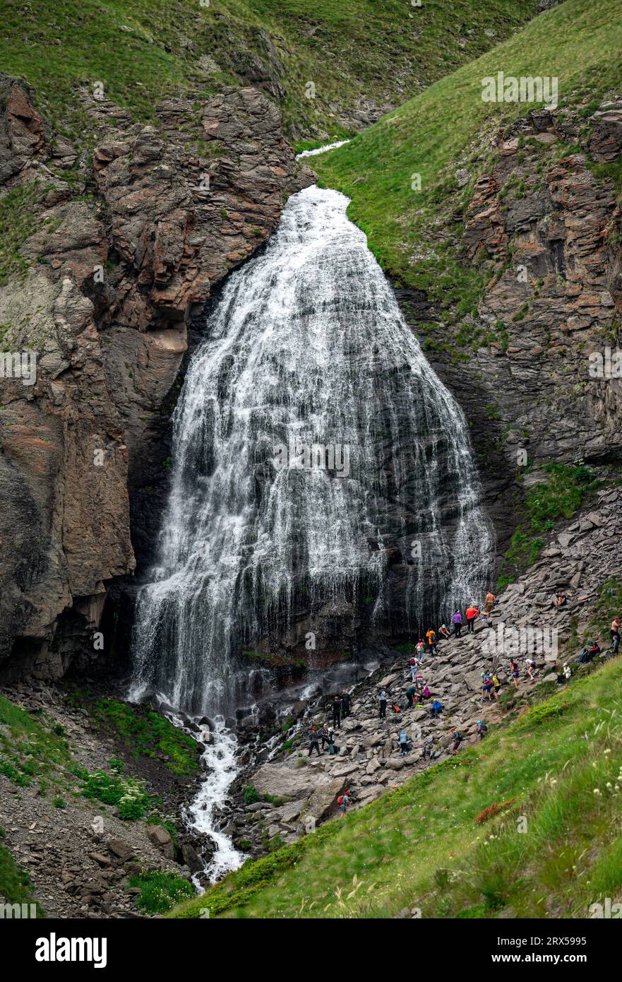 Mountain landscape with a waterfall. natural background, trekking ...