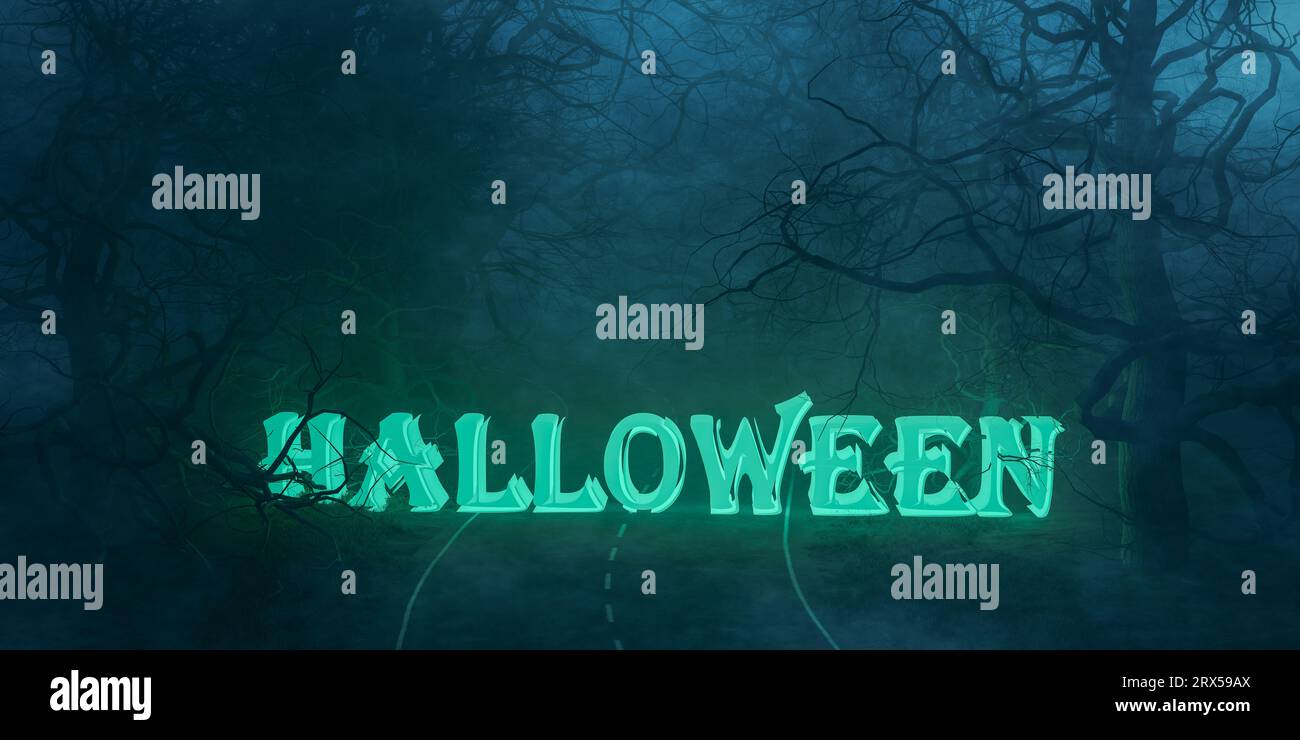 Mysterious dark forest and halloween text. Blue fog in scary forest ...