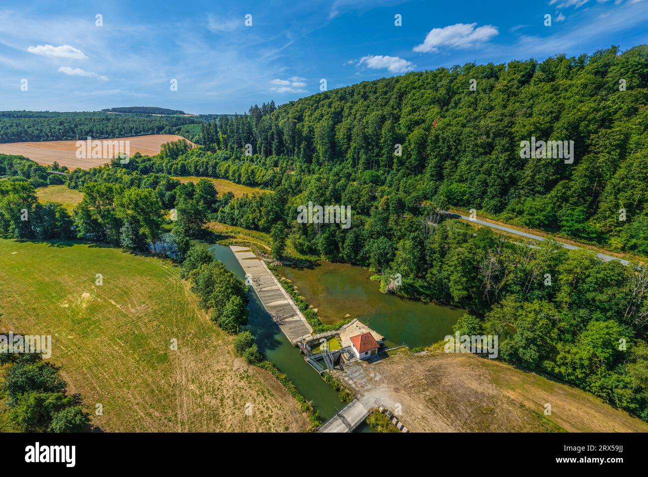 Aerial view to the Monastry of Bronnbach in the Tauber valley between ...
