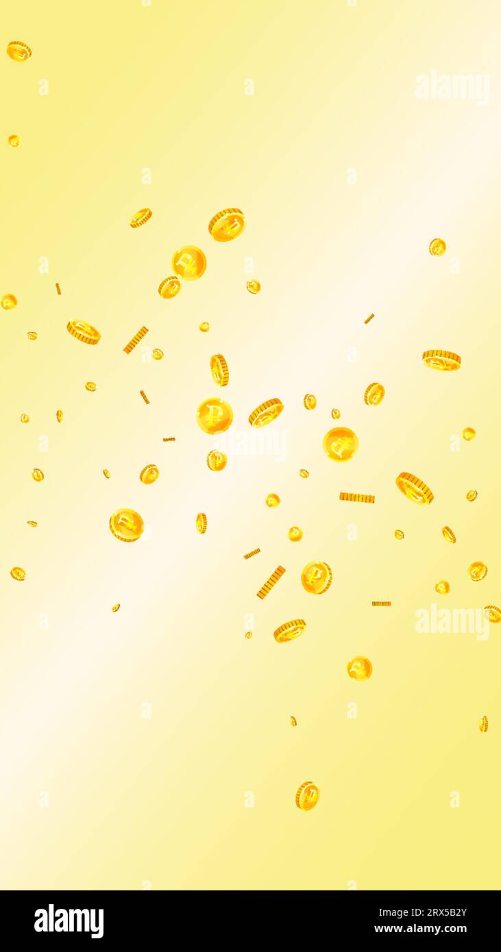 Russian ruble coins falling. Scattered gold RUB coins. Russia money ...