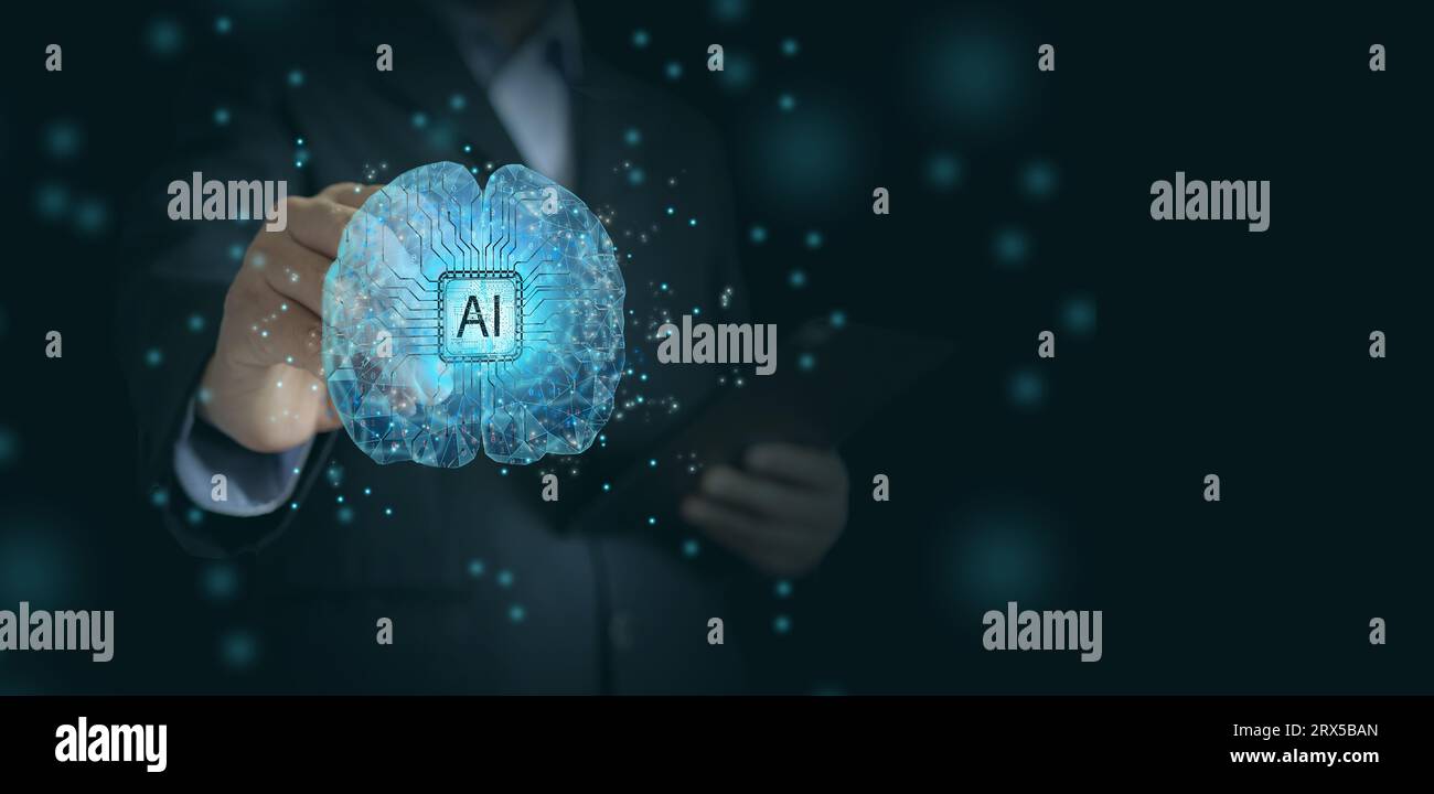 AI brain. A businessman's hand with a stylus tapping on a low poly ...