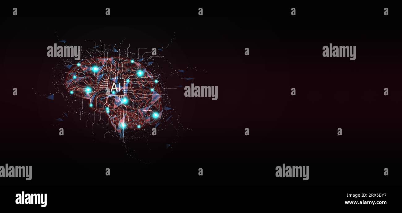 AI brain. Low poly wireframe mesh of artificial intelligence. Polygonal line art AI's processing ...