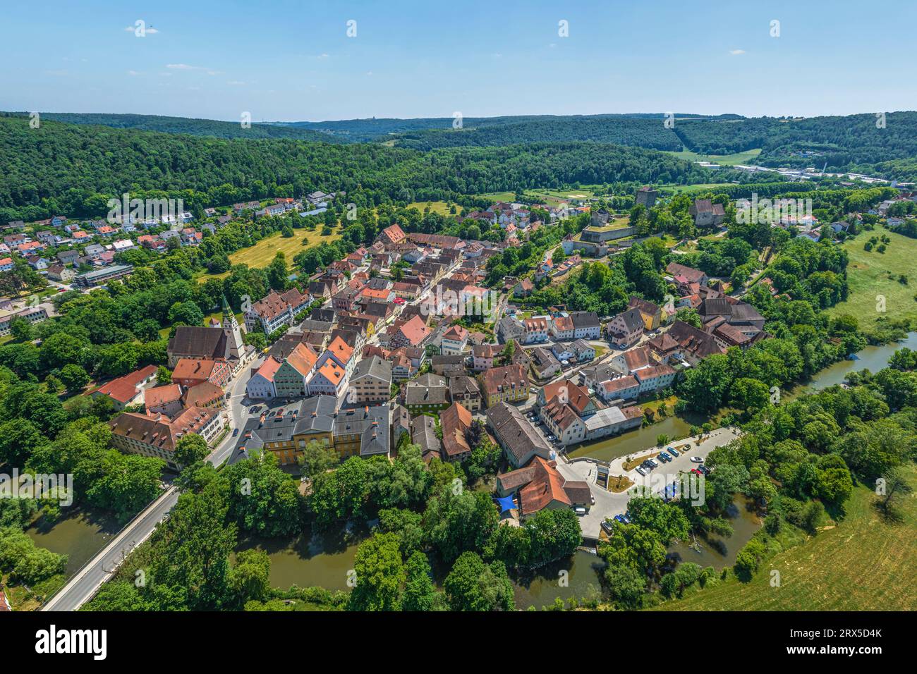 Aerial view to the beautiful little town of Pappenheim in the Nature ...