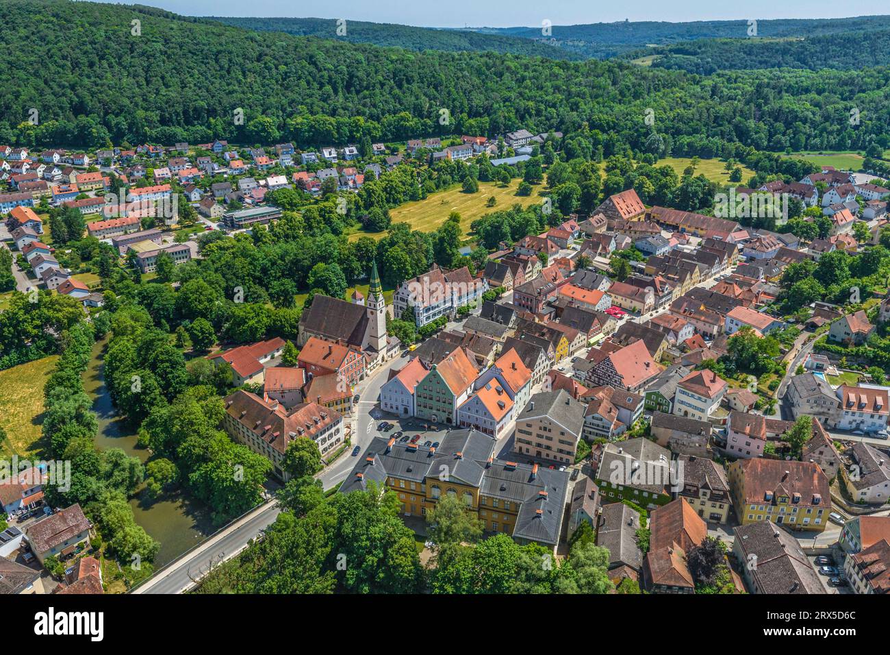 Aerial view to the beautiful little town of Pappenheim in the Nature ...