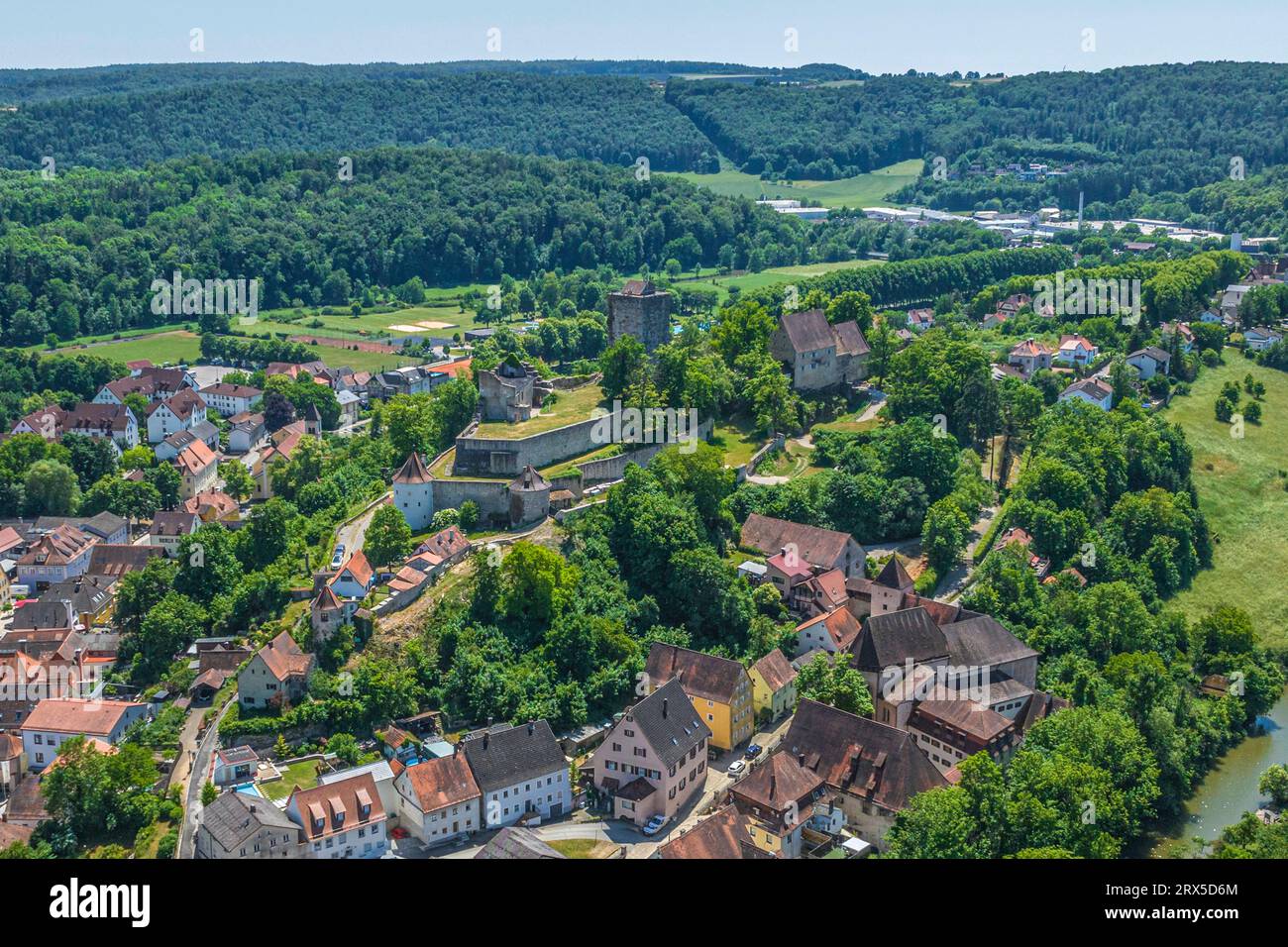 Aerial view to the beautiful little town of Pappenheim in the Nature ...