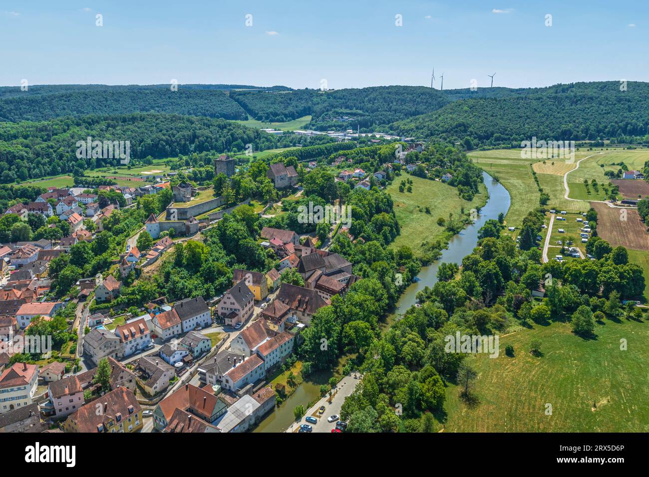 Aerial view to the beautiful little town of Pappenheim in the Nature ...
