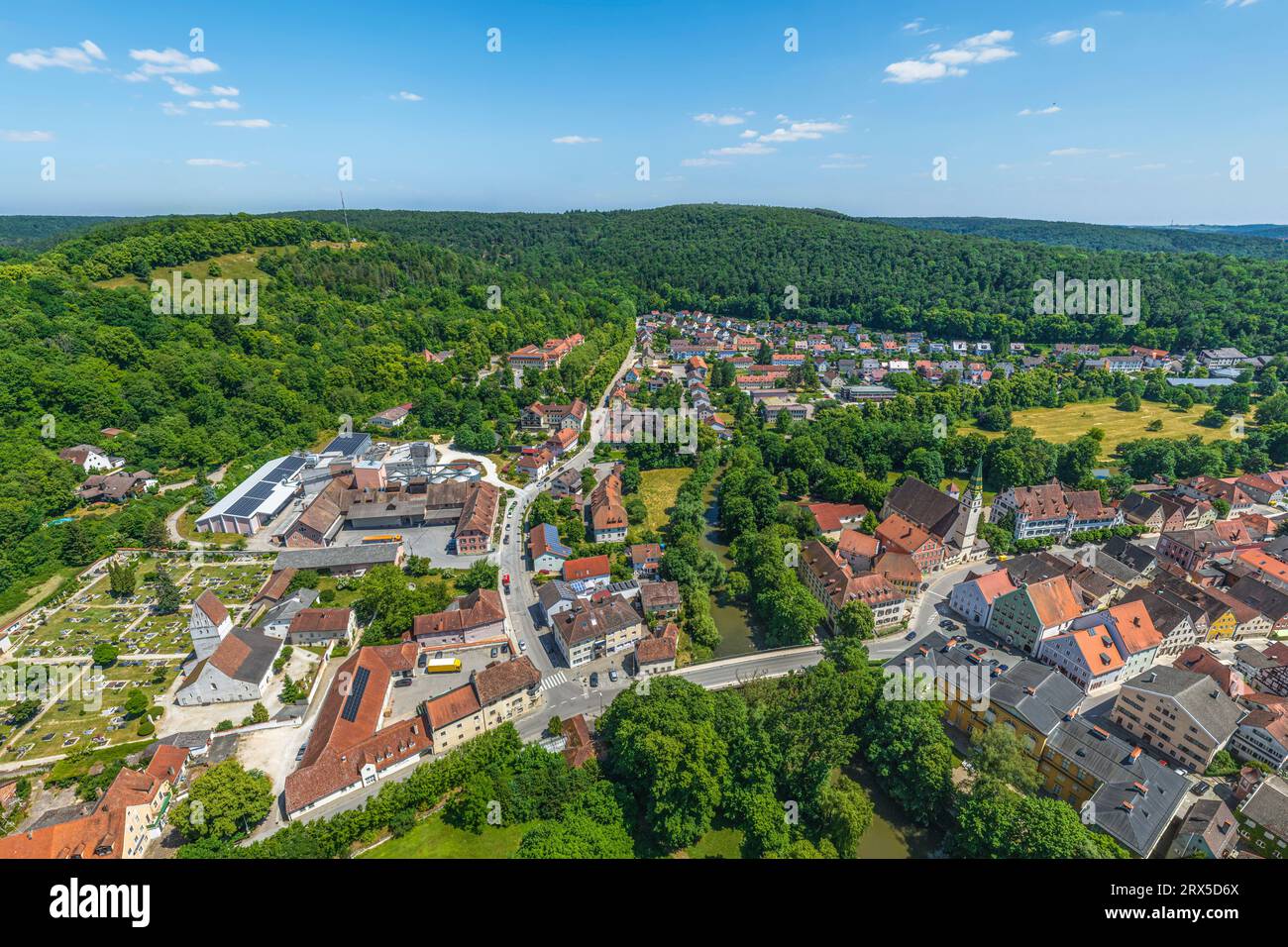 Aerial view to the beautiful little town of Pappenheim in the Nature ...