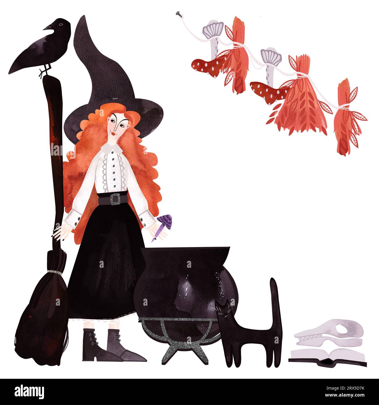 A red-haired curly witch brews a potion. Watercolor hand drawn isolated ...