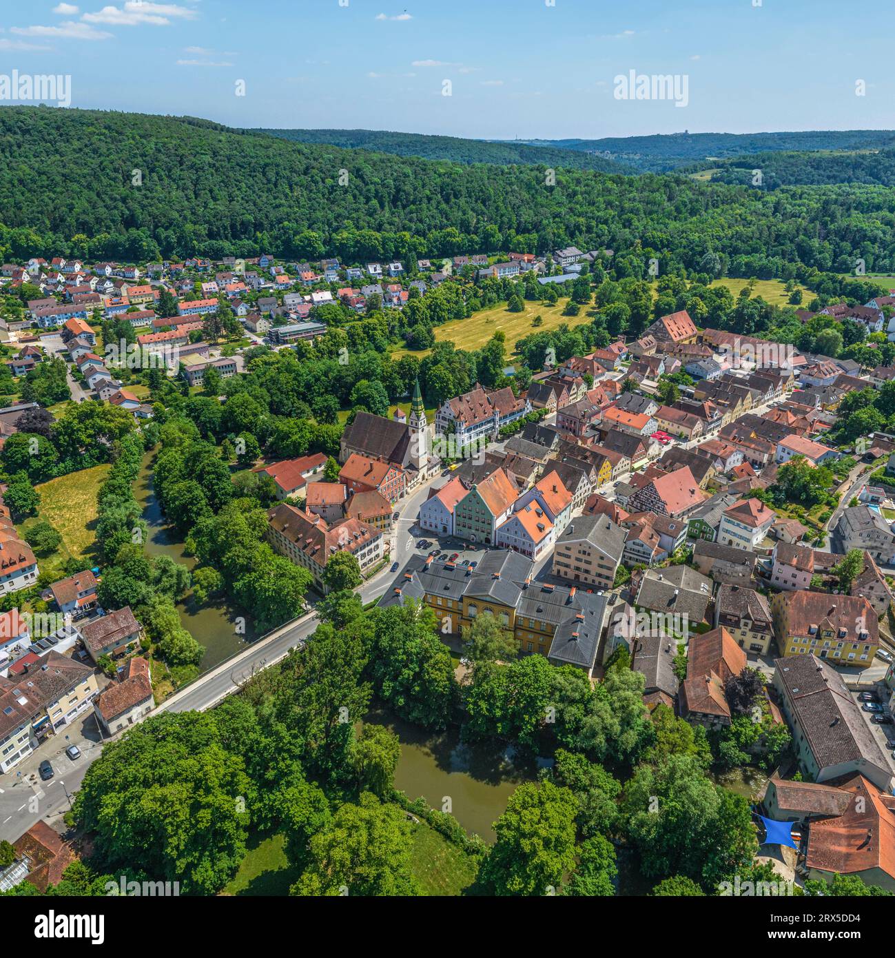 Aerial view to the beautiful little town of Pappenheim in the Nature ...