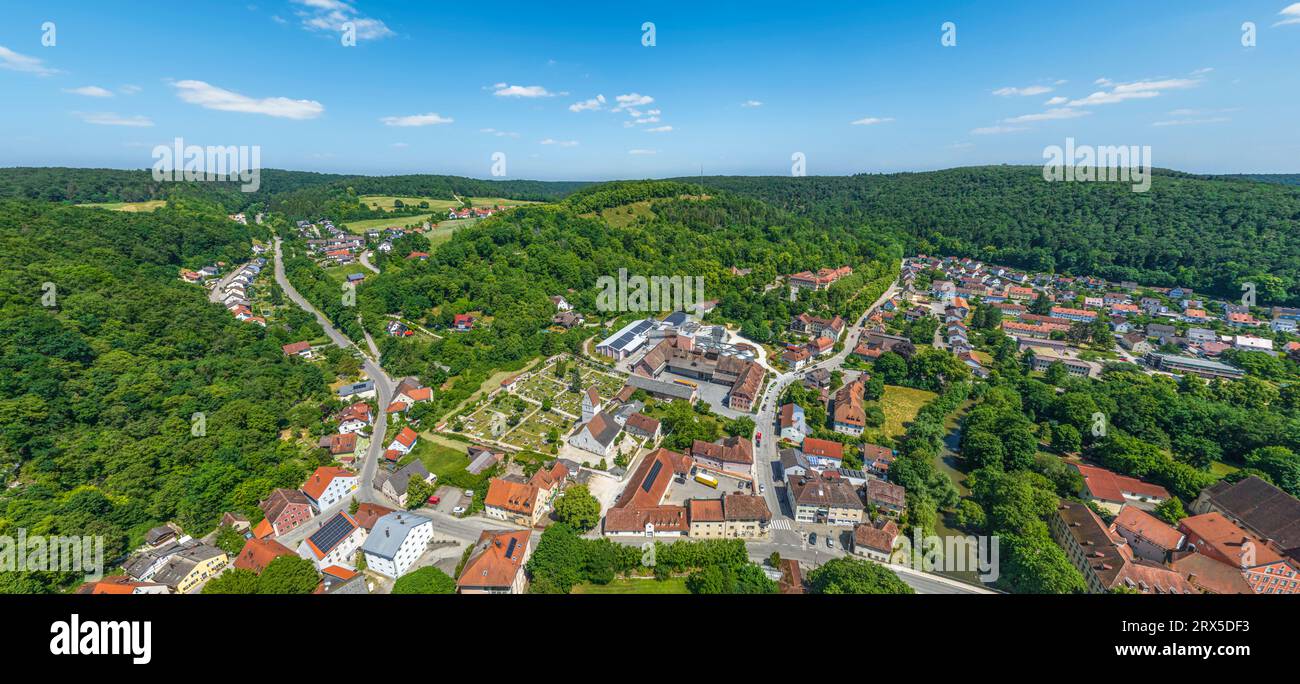 Aerial view to the beautiful little town of Pappenheim in the Nature ...