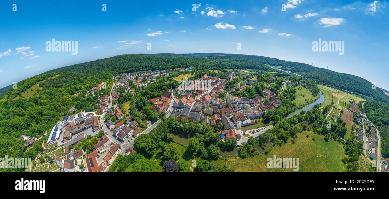 Aerial view to the beautiful little town of Pappenheim in the Nature ...