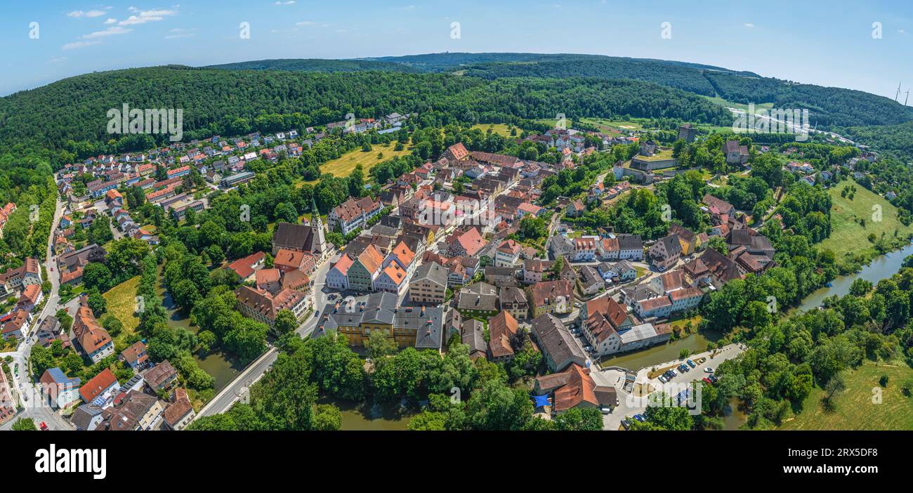 Aerial view to the beautiful little town of Pappenheim in the Nature ...