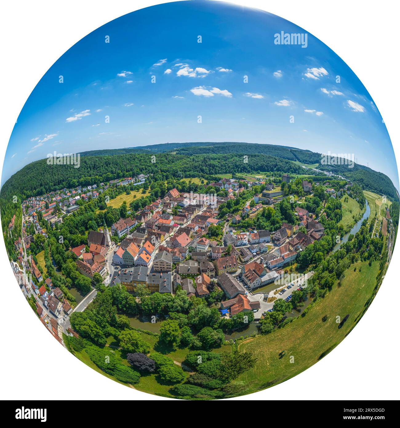 Aerial view to the beautiful little town of Pappenheim in the Nature ...