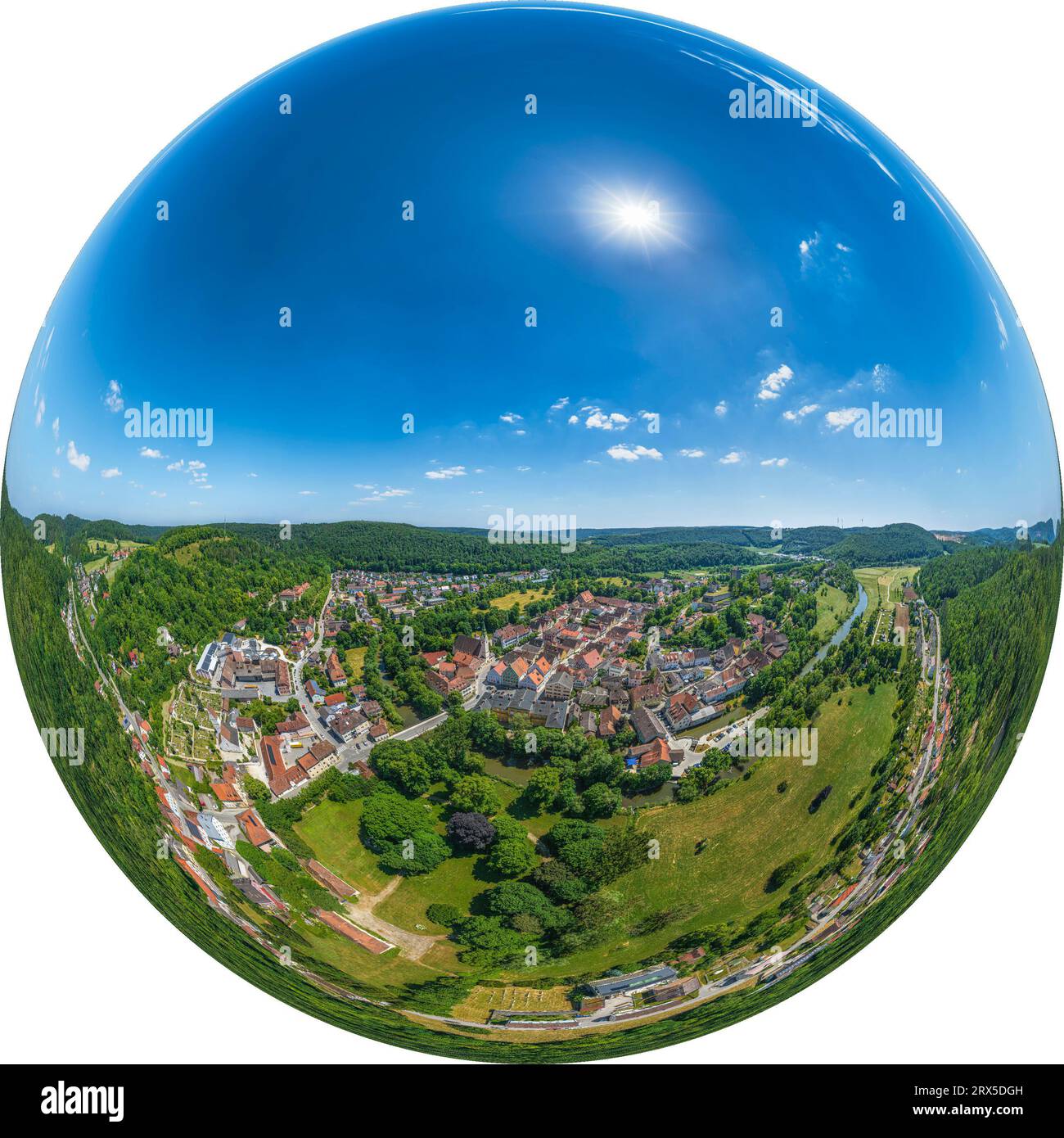 Aerial view to the beautiful little town of Pappenheim in the Nature ...