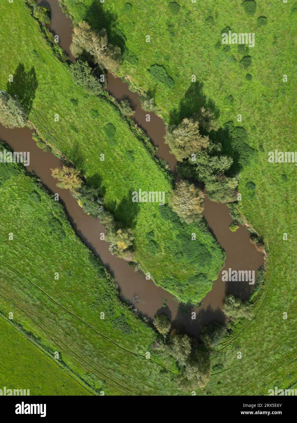 Aerial view of River Lugg as it meanders and turns near Sutton St ...