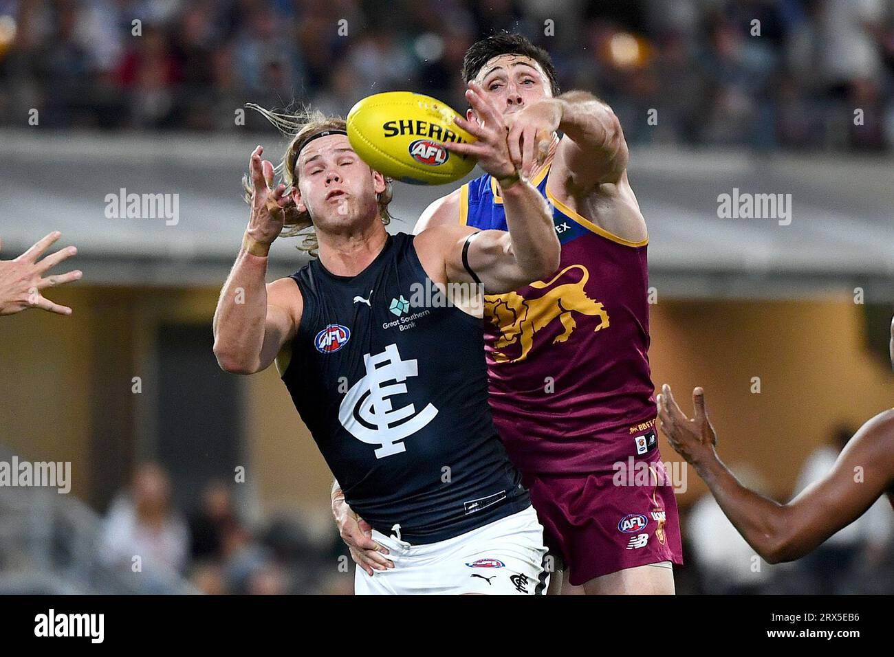Brisbane, Australia. 23rd Sep, 2023. Tom de Koning of Carlton and Oscar McInerney of the Lions ...