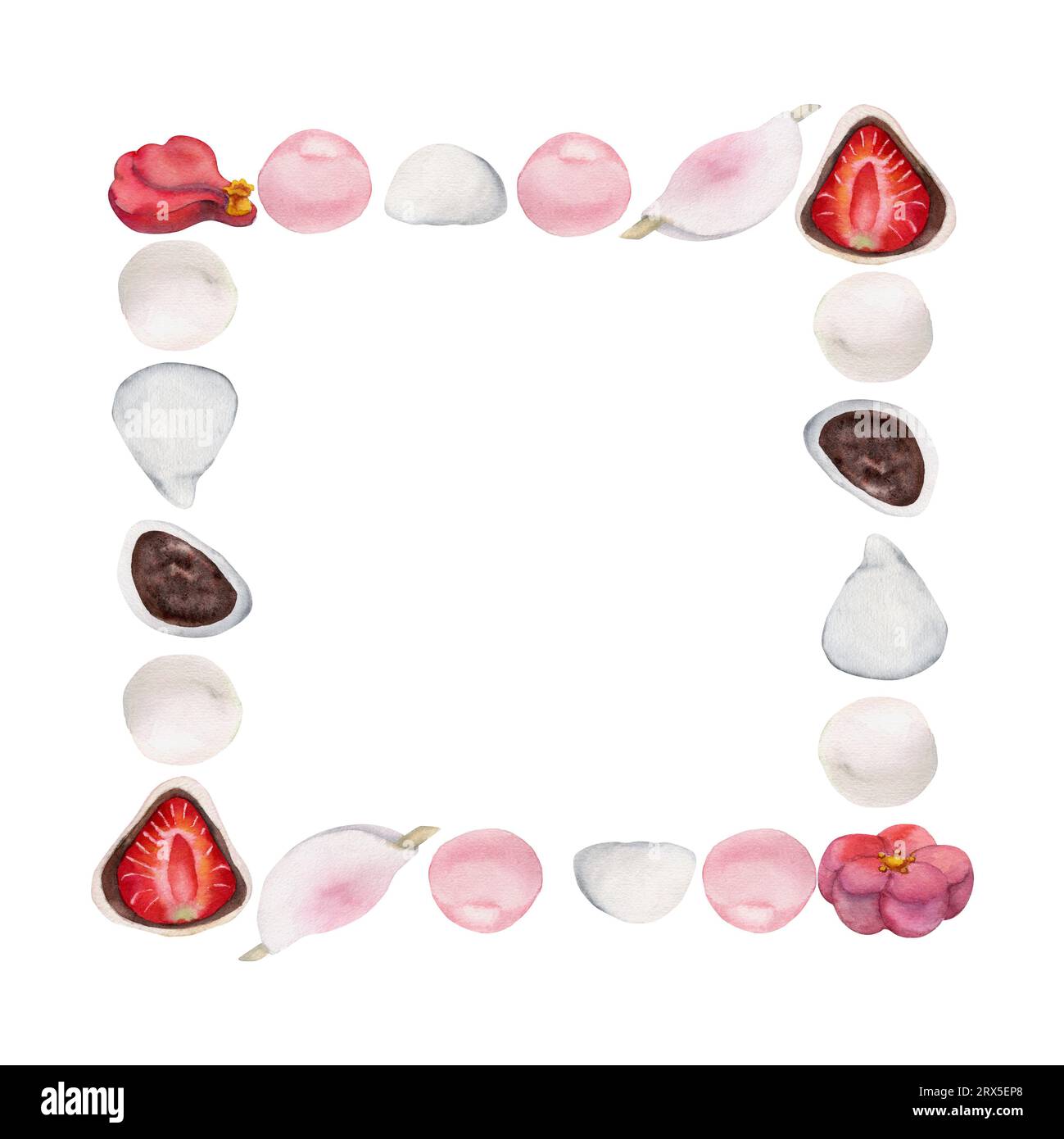 Watercolor hand drawn traditional Japanese sweets. Frame with winter ...
