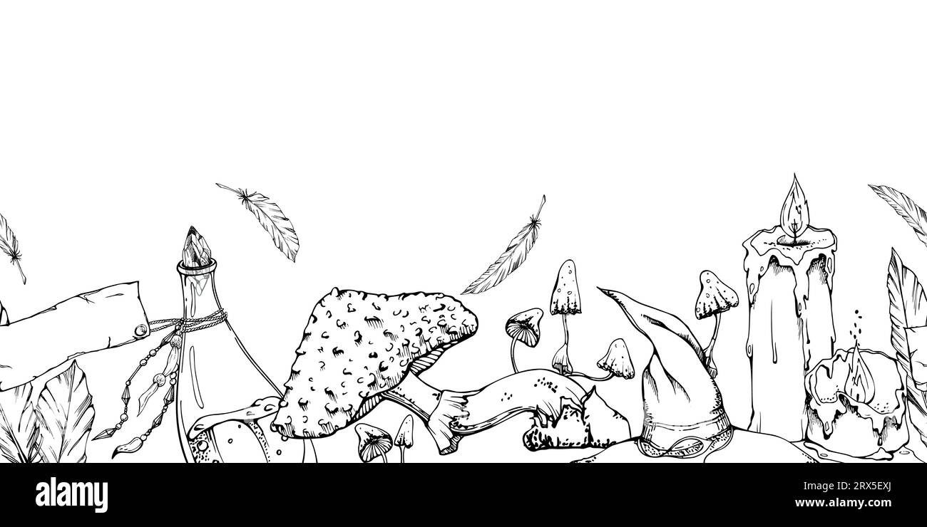 Hand drawn ink vector witch altar. Candles vials mushrooms. isolated ...