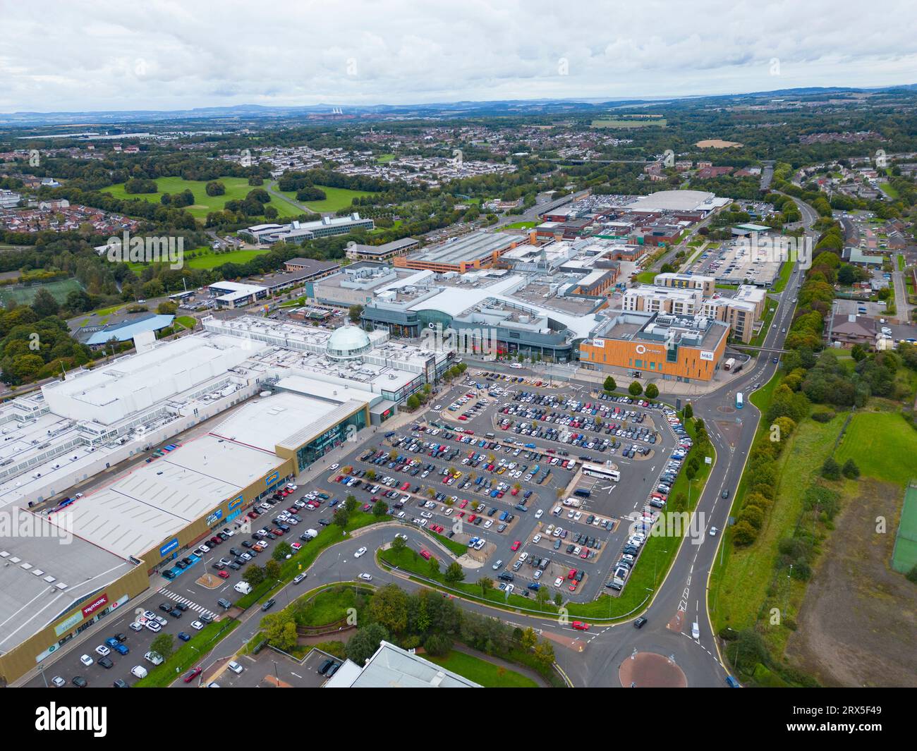 Aerial view of large retail park at Almondvale in town centre ...