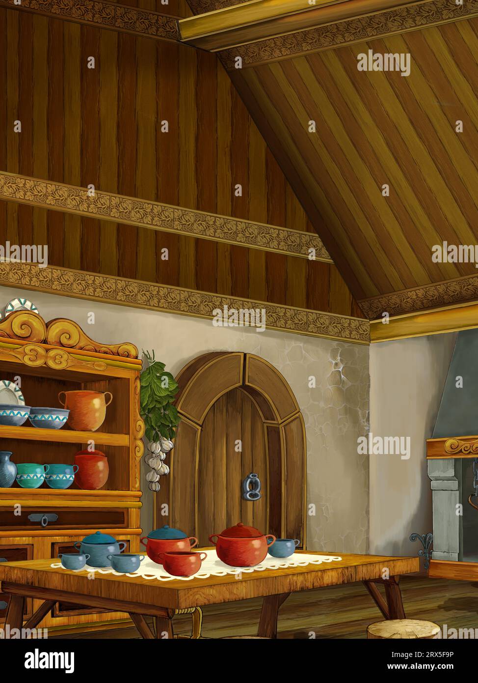 cartoon scene with medieval kitchen room - interior for different usage ...