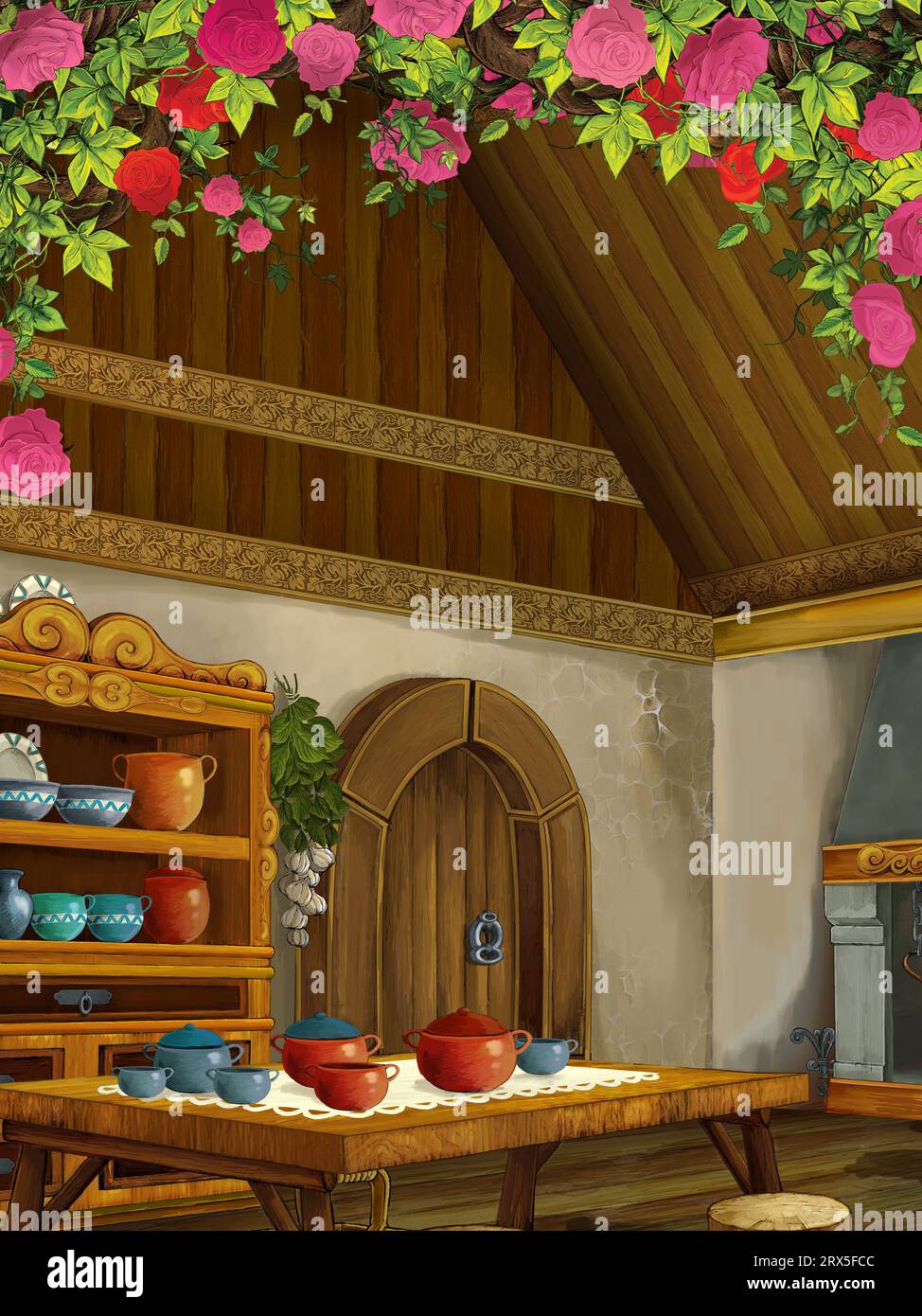 cartoon scene with medieval kitchen room with roses - interior for ...