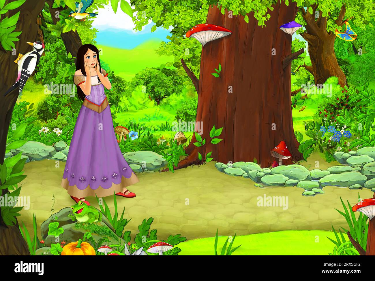 cartoon summer scene with path in the forest and young princess ...
