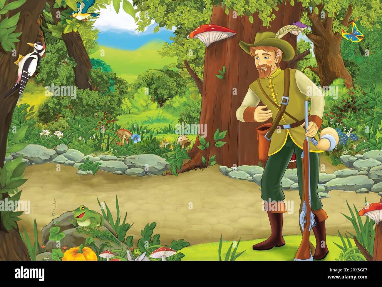 cartoon summer scene with path in the forest and young prince or hunter ...