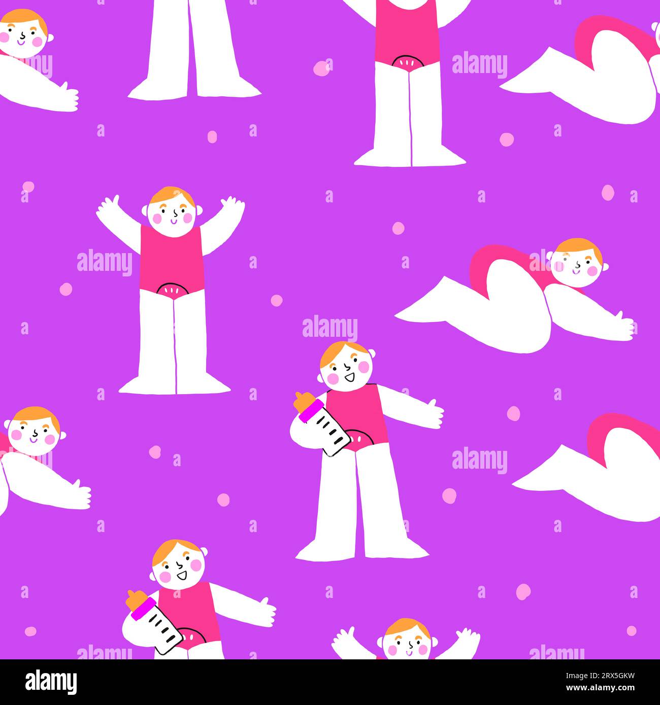 Seamless pattern with playful child baby character on violet background ...