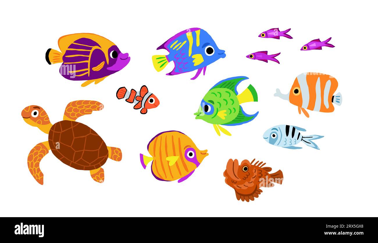 Vector under the sea set. Ocean collection with seaweeds, fish, divers ...