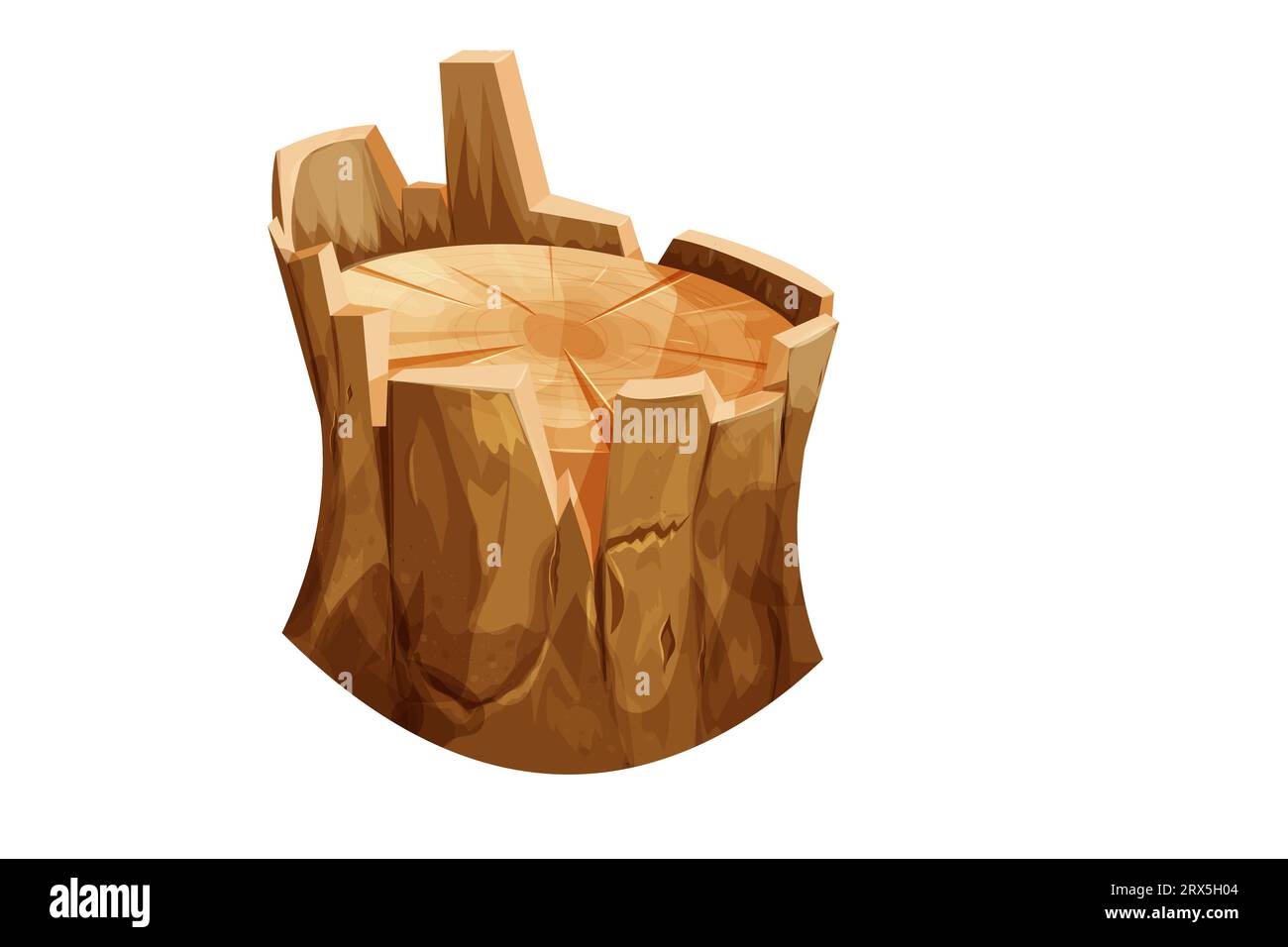 Wooden stump forest tree trunk with roots, cut section in cartoon style ...