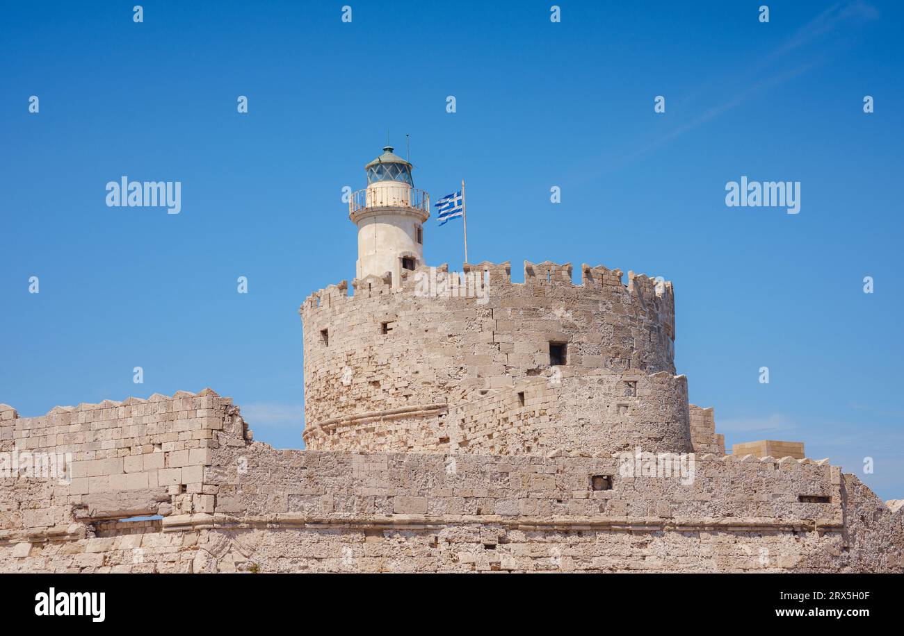 Mandraki port and fort of St. Nicholas. Rhodes, Greece. Hirschkuh ...