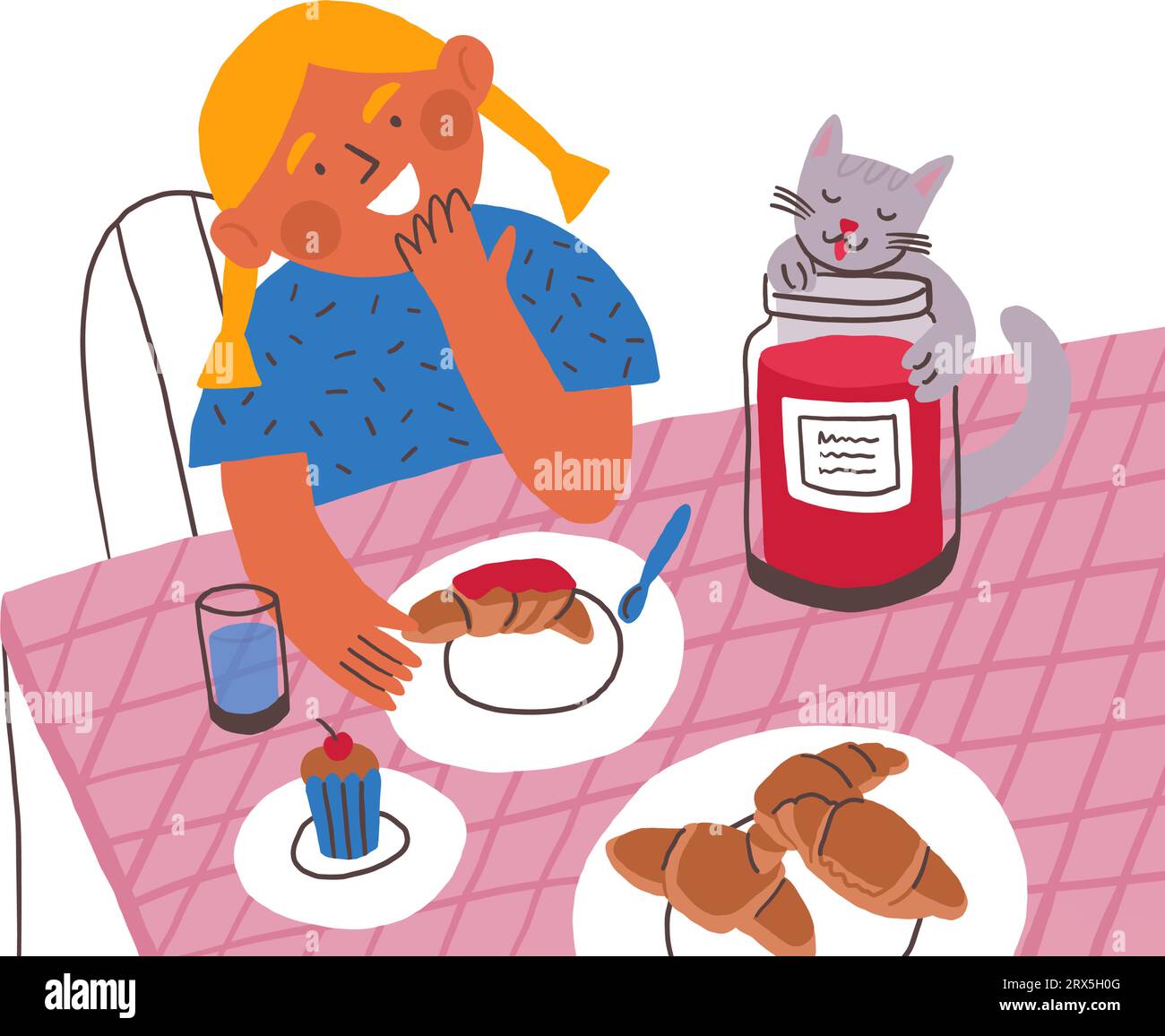 Girl and cat. Picture book illustration of little girl eating ...