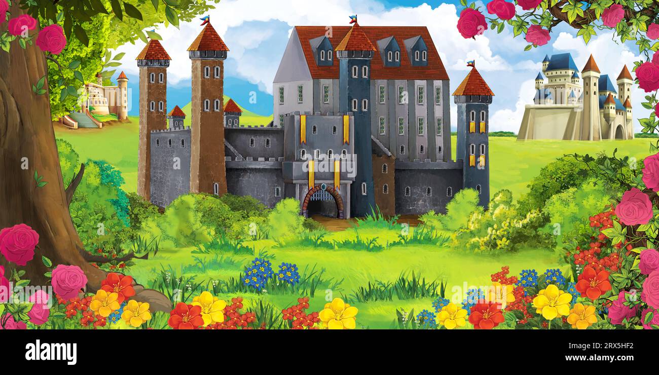 Cartoon nature scene with beautiful castle - illustration for the ...