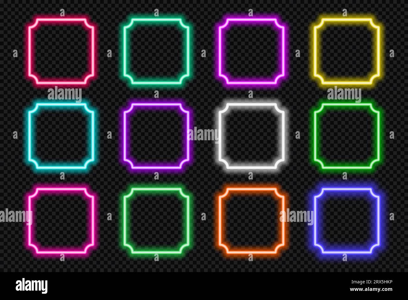 Neon square frame set. Glowing coloful rounded corners border. Vintage shape action button UI ...