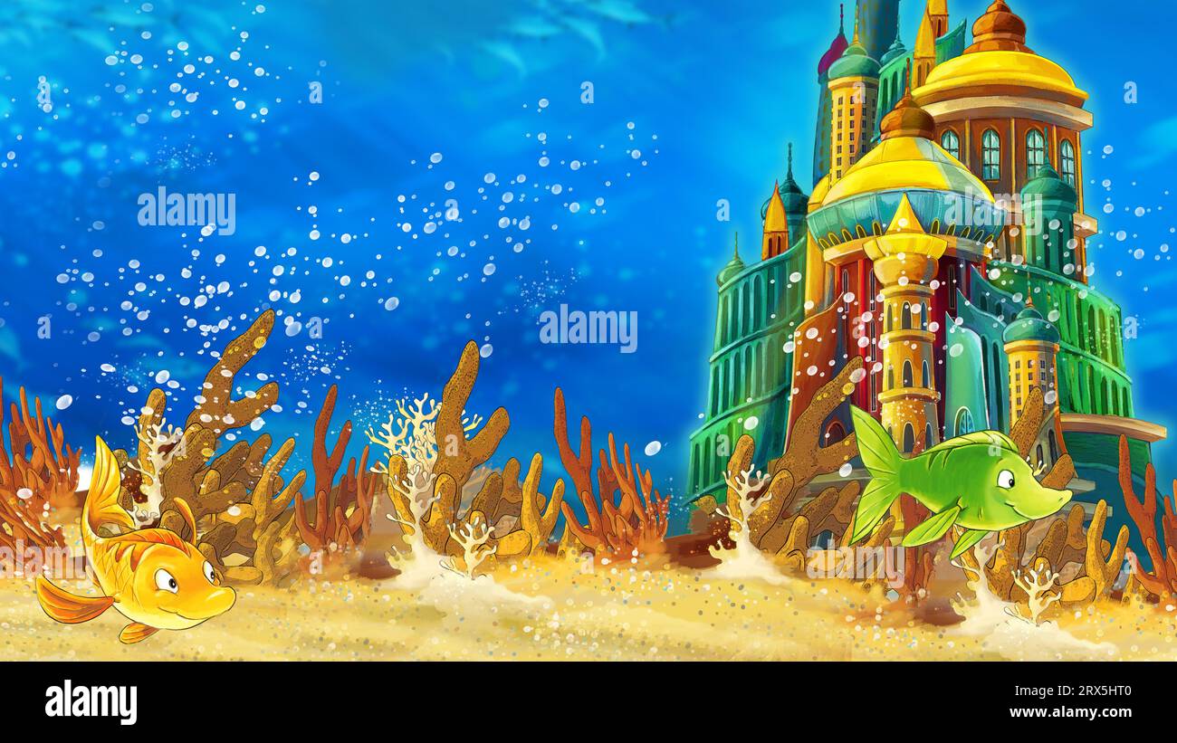 Cartoon underwater sea or ocean scene with castle - illustration for ...