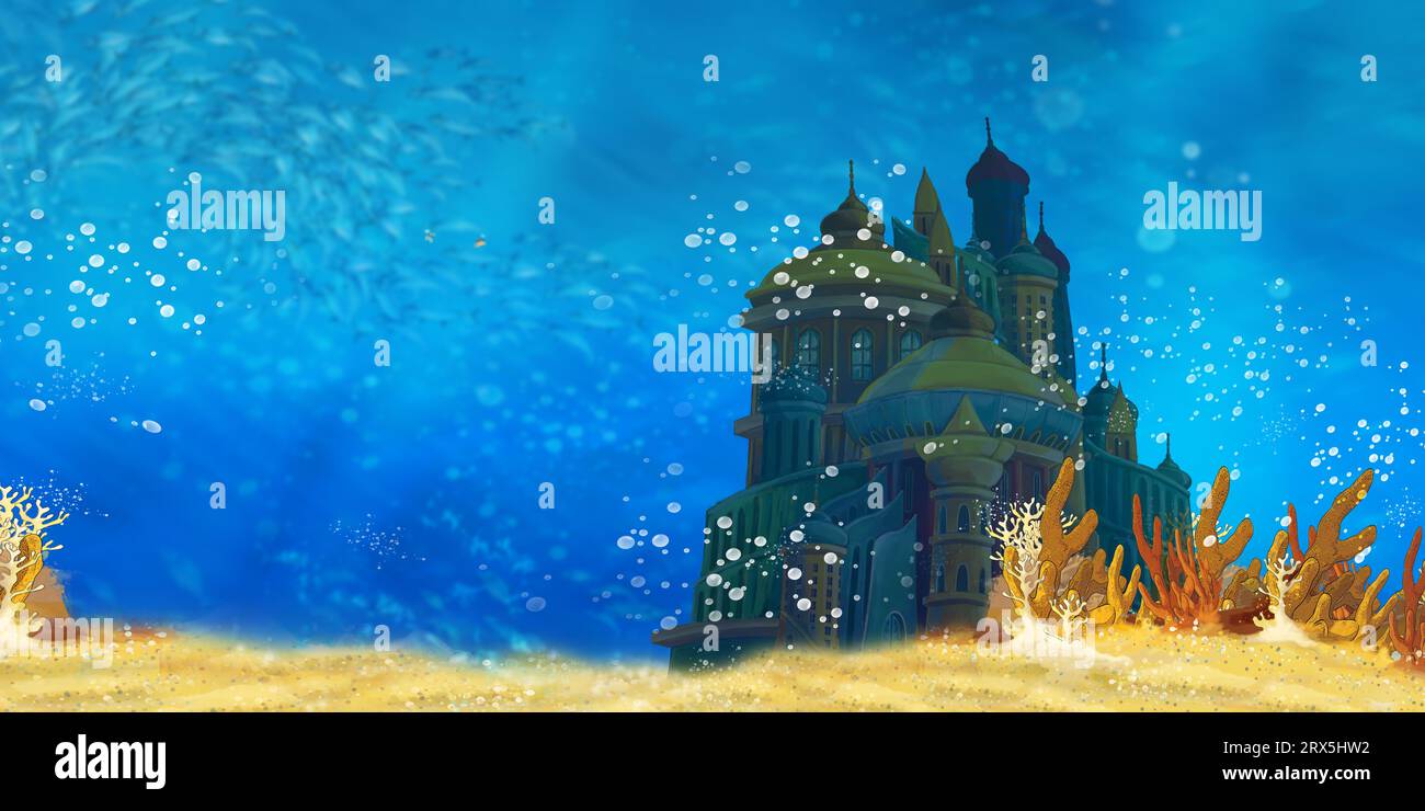 Cartoon underwater sea or ocean scene with castle - illustration for ...