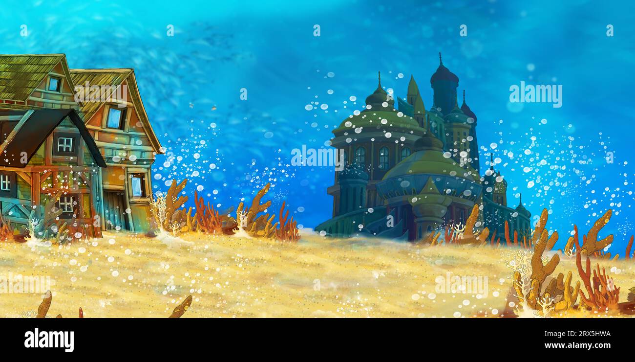 Cartoon underwater sea or ocean scene with castle - illustration for ...