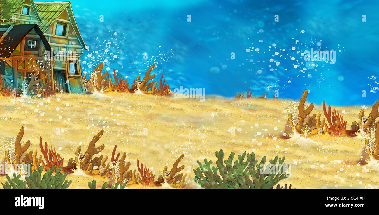 Cartoon underwater sea or ocean scene with some wooden house ...