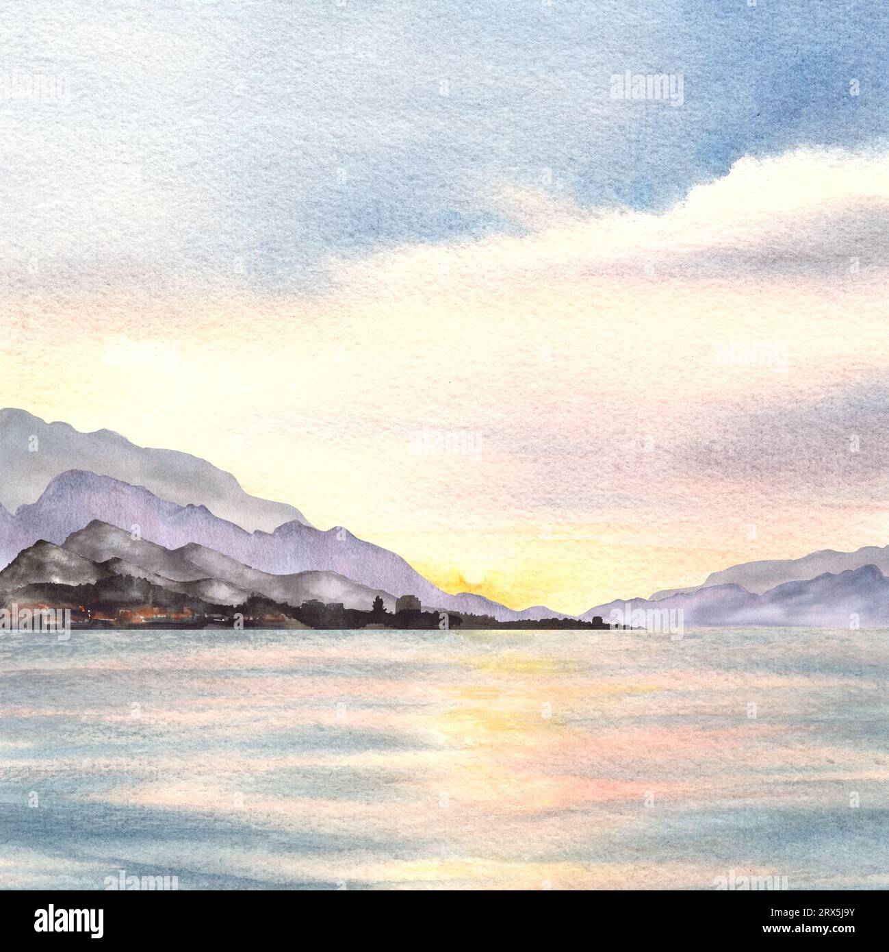 Nautical watercolor landscape. Adriatic seascape, sunset sky, mountain ...