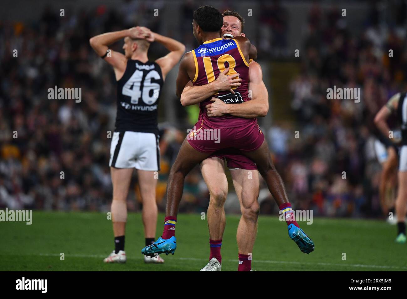 Brisbane, Australia. 23rd Sep, 2023. Ryan Lester and Keidean Coleman of the Lions celebrate ...