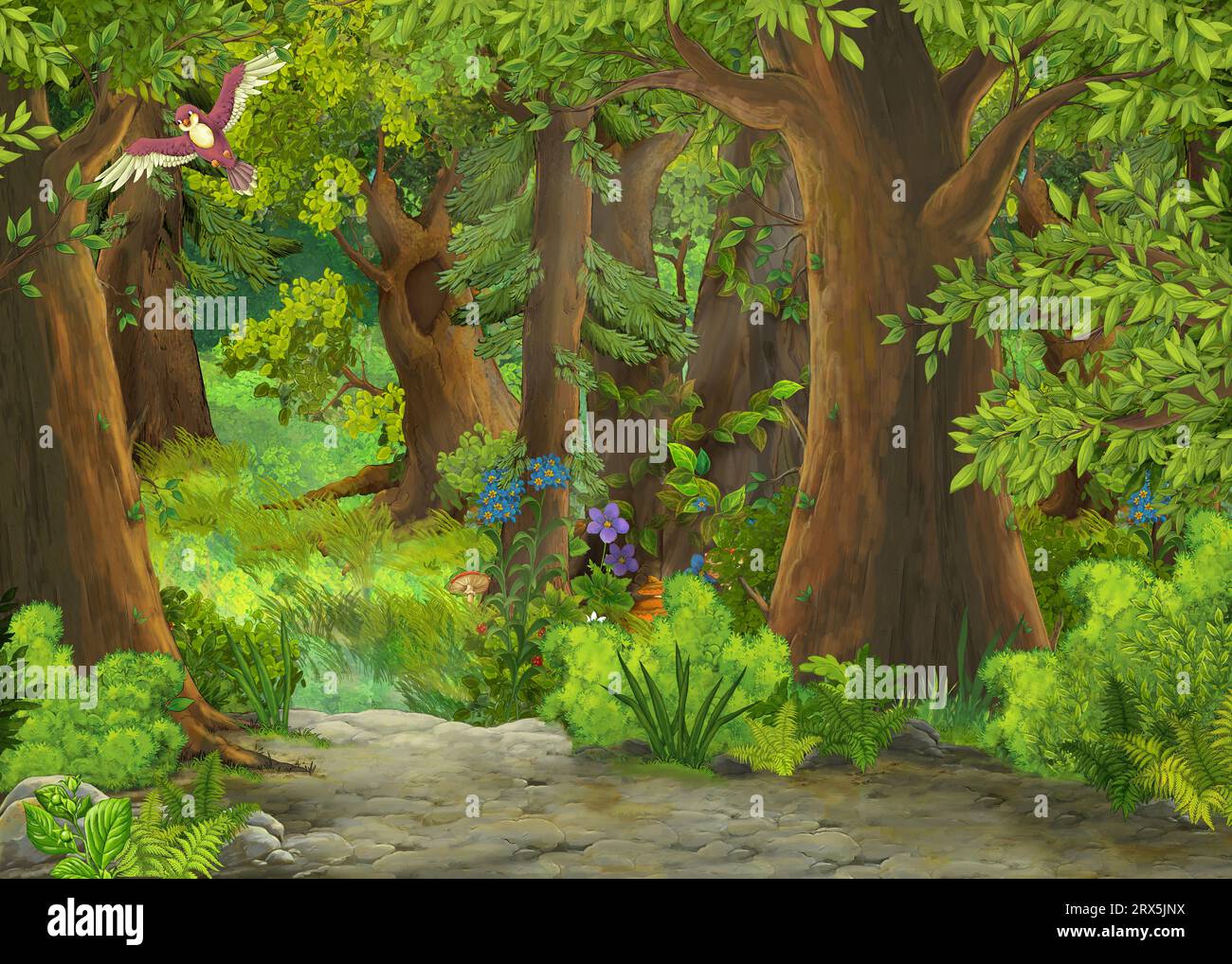 cartoon summer scene with meadow in the forest illustration for ...