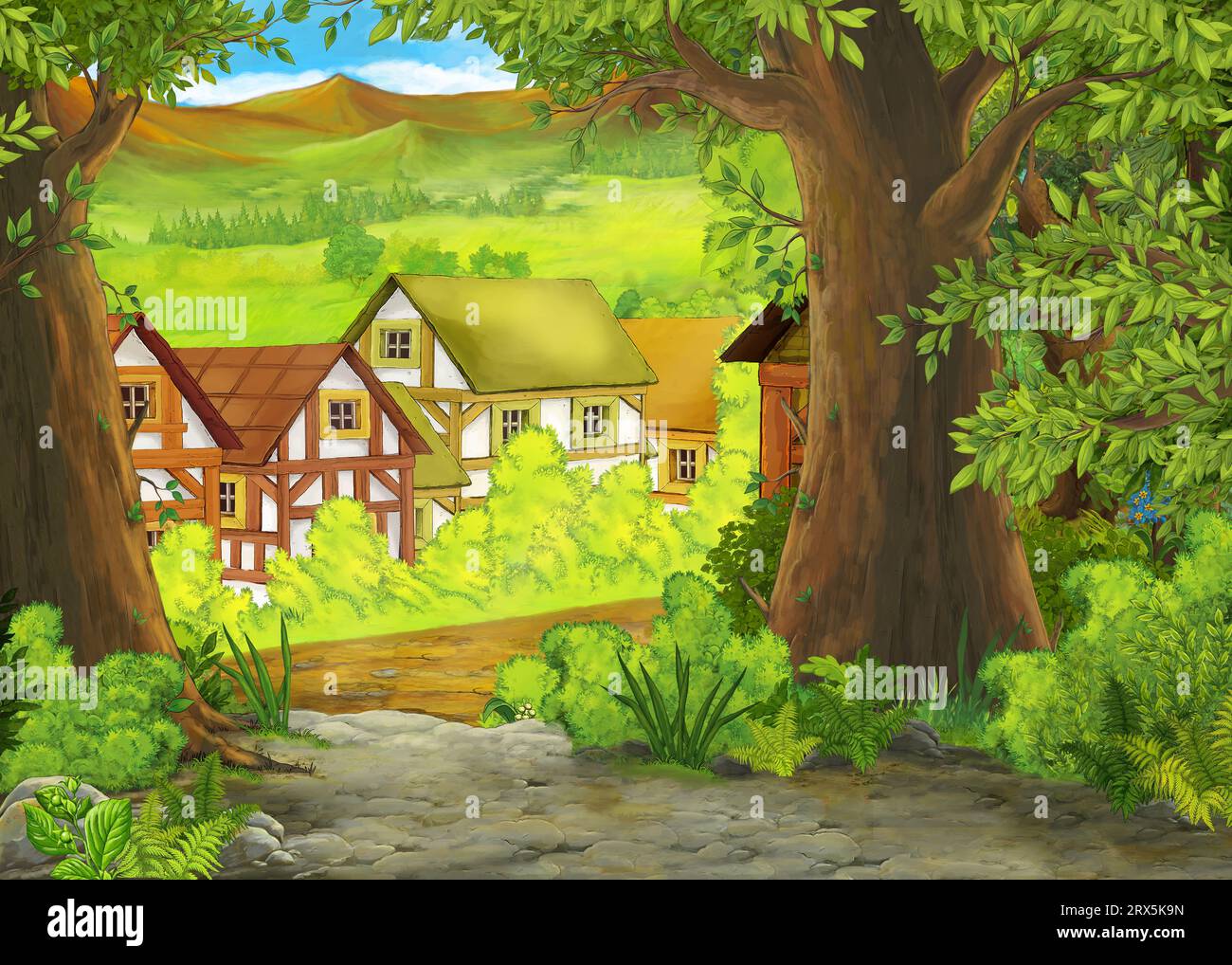 cartoon summer scene with path to the farm village - nobody on the ...