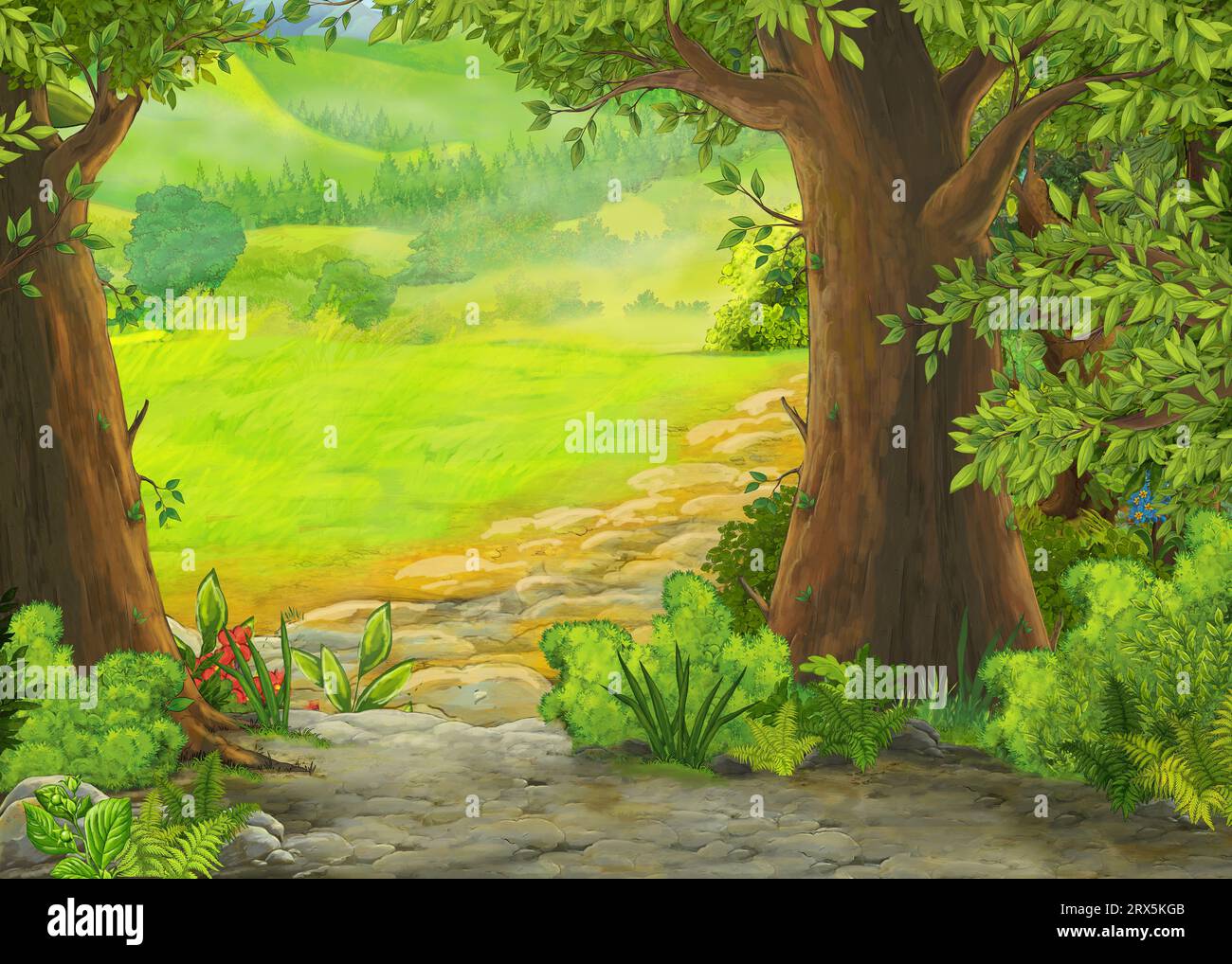 cartoon summer scene with meadow in the forest illustration for ...