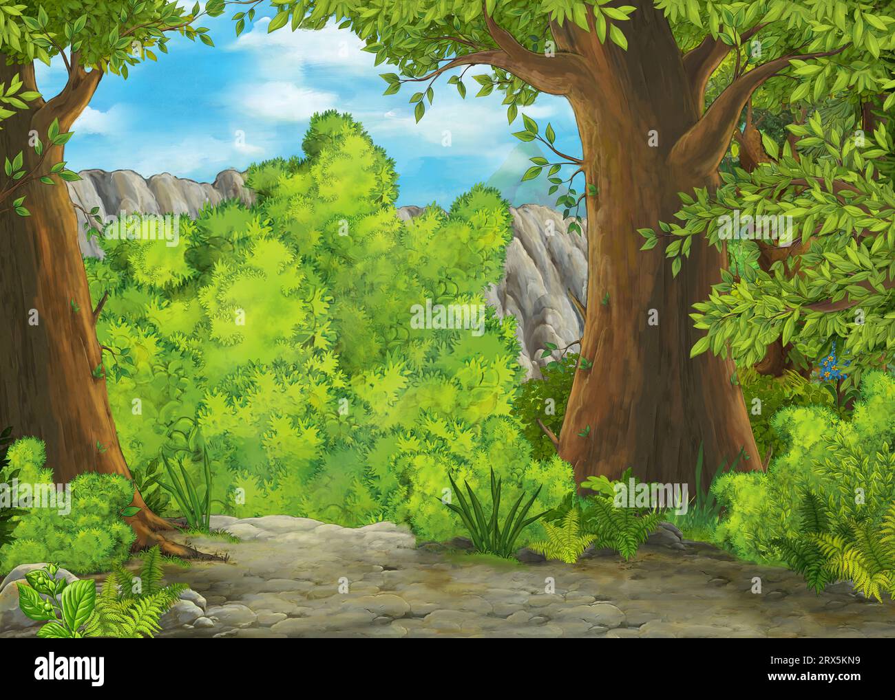 cartoon scene with mountains valley near the forest illustration for ...