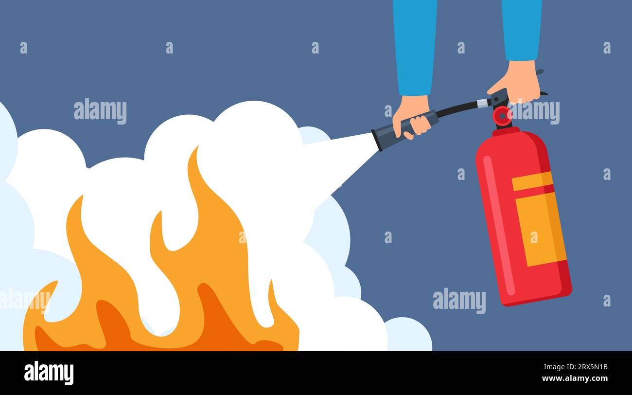 Fire extinguishing illustration. Hands holding autonomous red fire ...