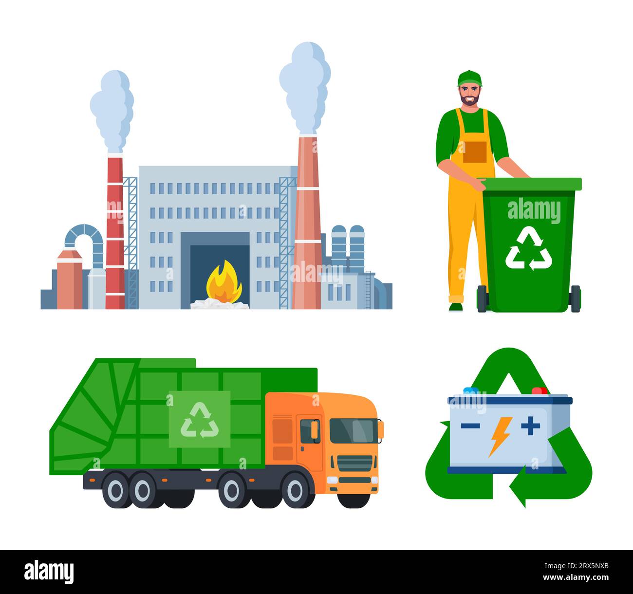 Incineration Plant And Garbage Truck Garbage Man In Uniform With Green Trash Bin Recycling Set