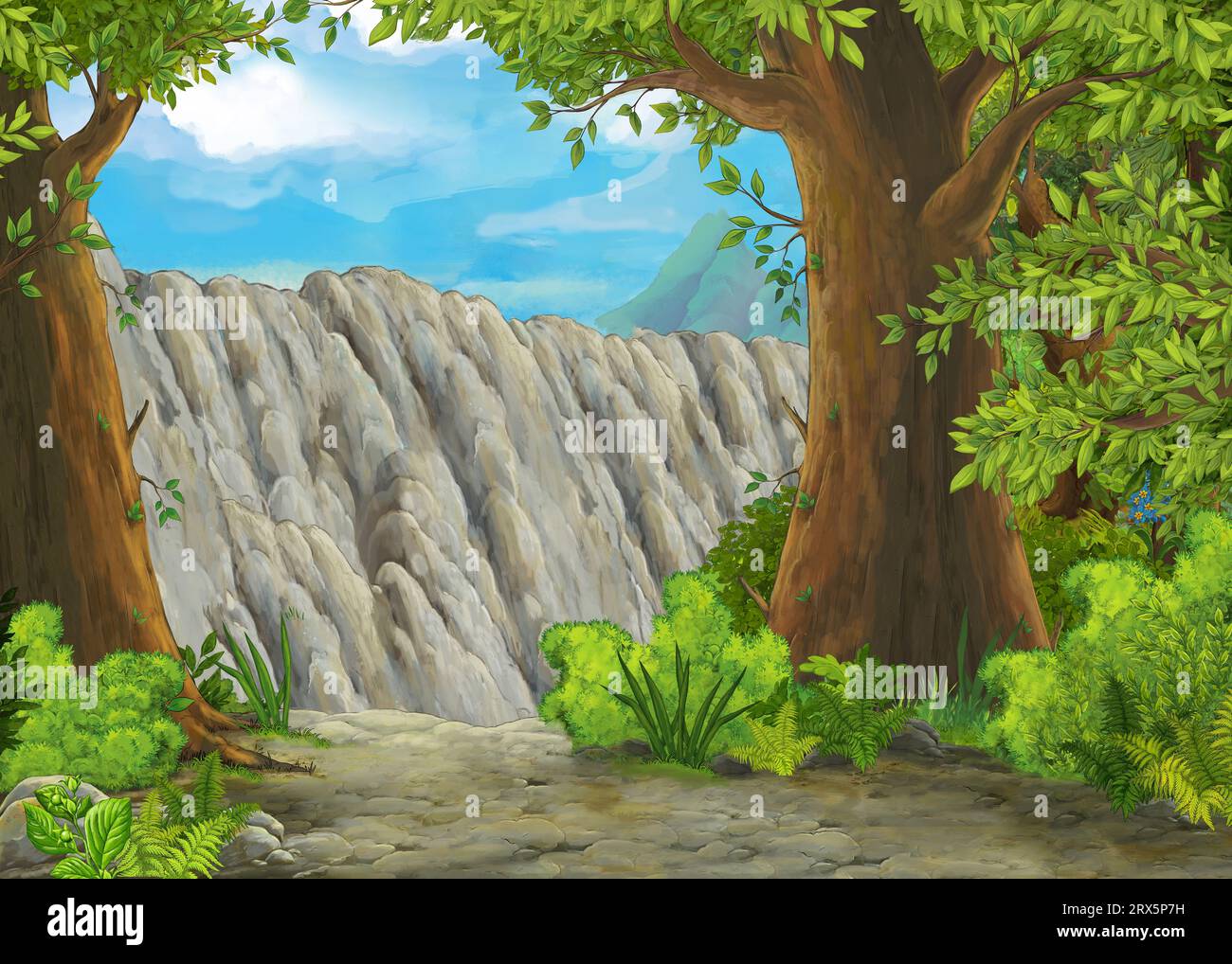 cartoon scene with mountains valley near the forest illustration for ...
